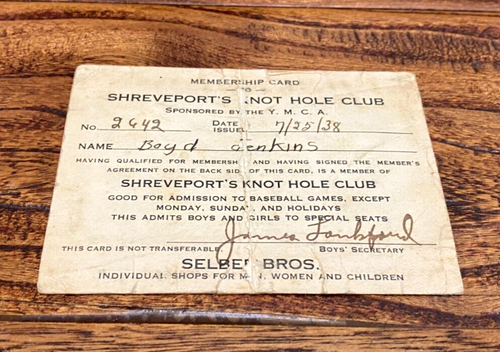1938 Shreveport's Knot Hole Club Membership Card Season Pass Ticket ...