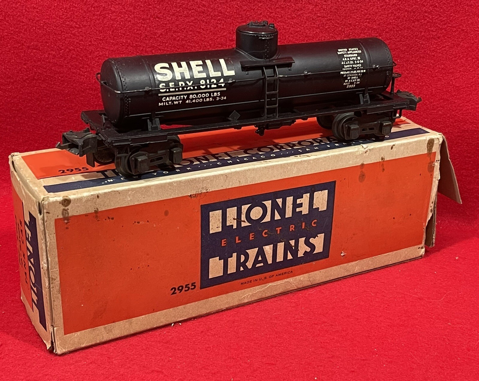ORIGINAL LIONEL PREWAR NO. 2955 SEMI-SCALE SHELL TANK CAR IN OB - VERY ...