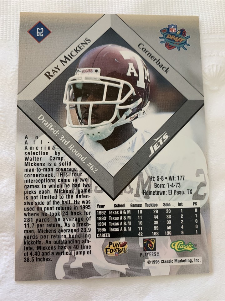 1996 Classic NFL Rookies Card #62 Ray Mickens New York Jets RC NmMt ...