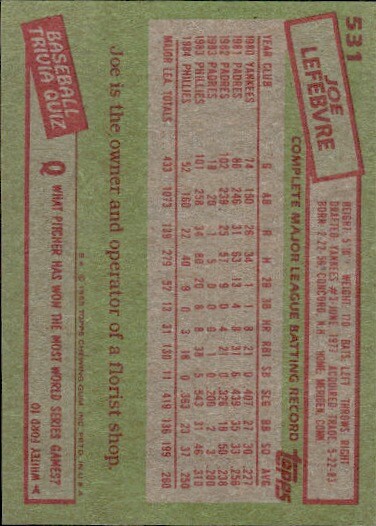 1985 Topps #531 Joe Lefebvre Philadelphia Phillies Baseball | eBay