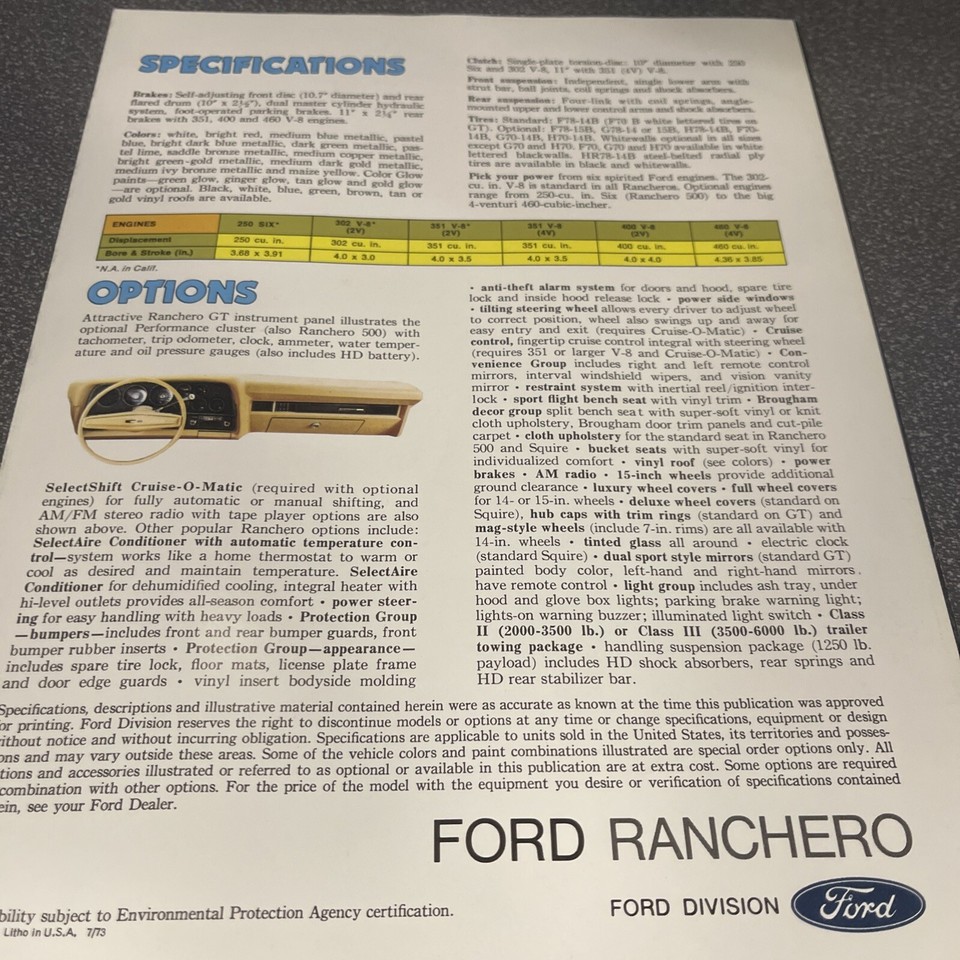 Original 1974 Ford Ranchero Truck Foldout Sales Brochure 74 GT 500 ...