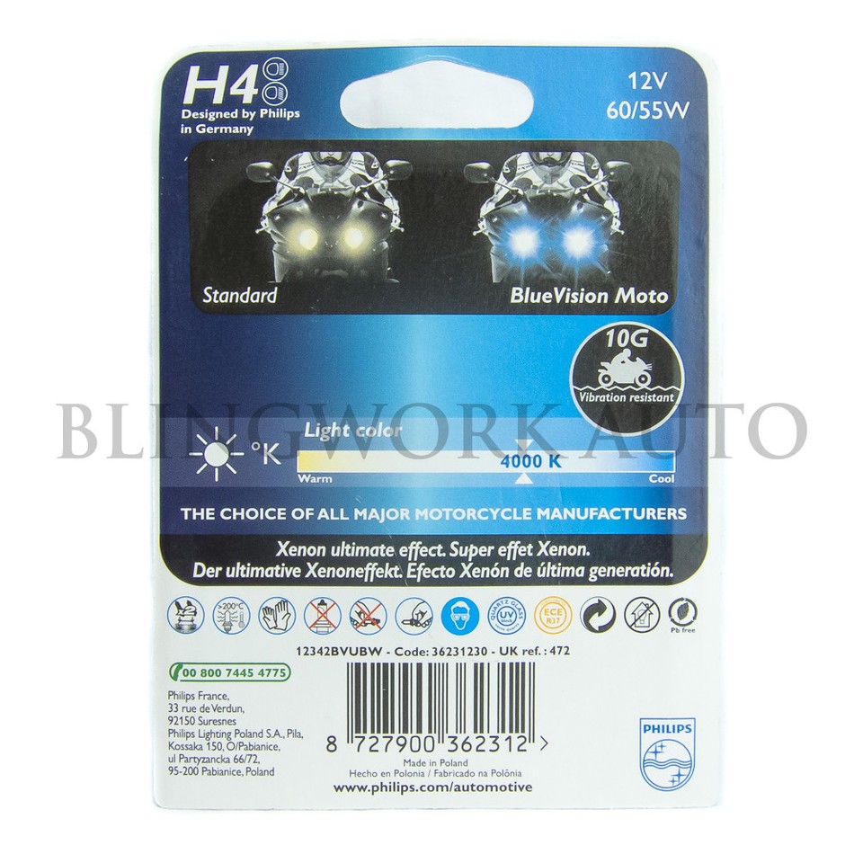 1x Philips H4 Blue Vision Moto 4000K Motorcycle Bike CAR Headlight Bulb ...