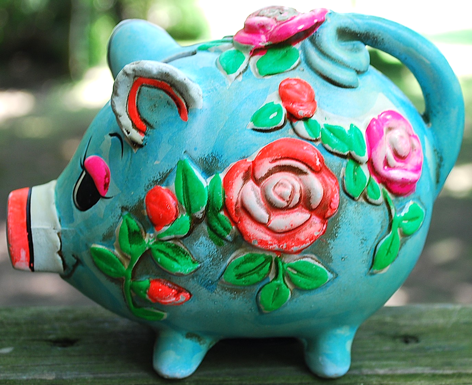Vtg 1967 PIG Piggy Bank BLUE/PINK ROSES Holiday Fair Japan w Orig ...