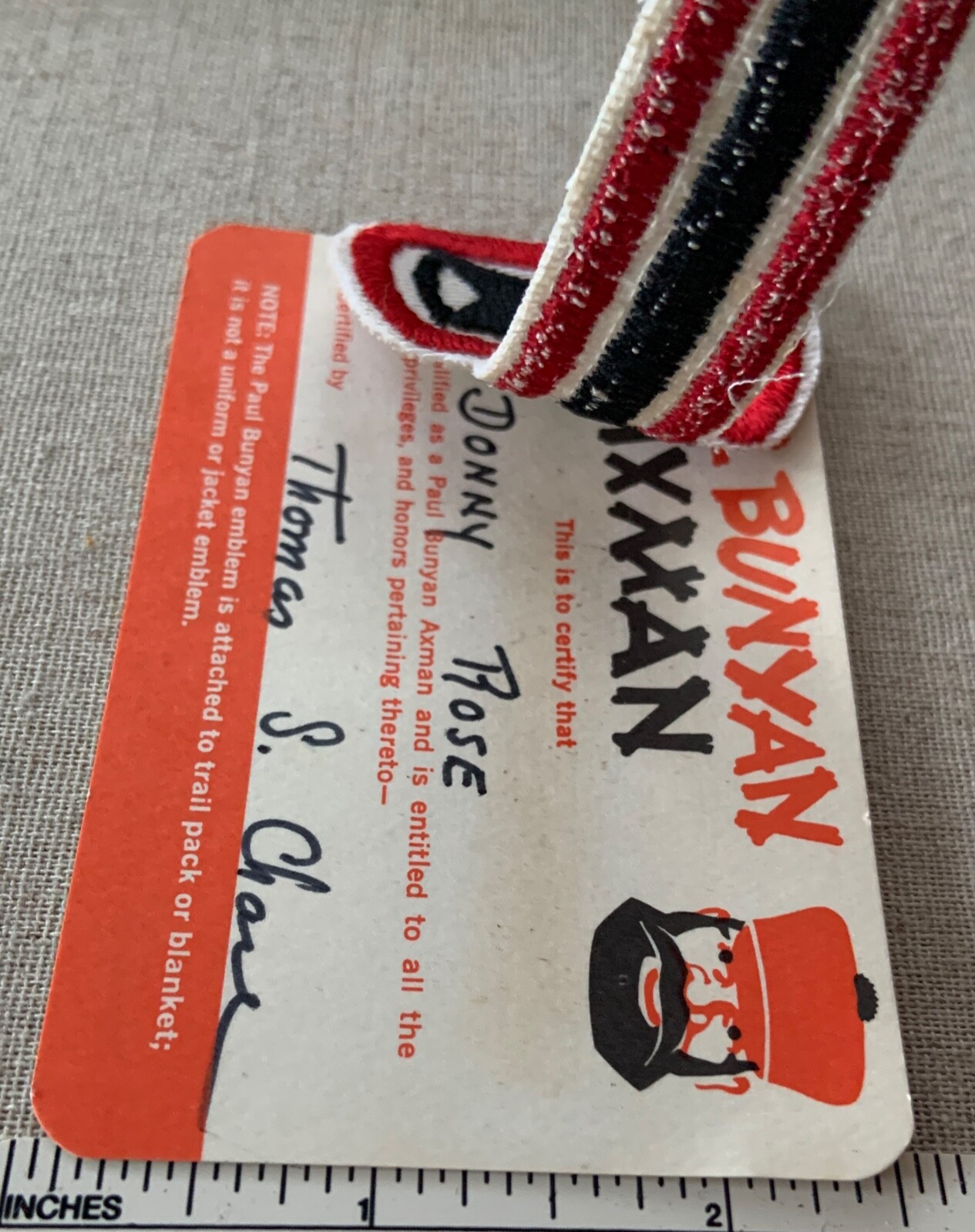 Vintage 1970s PAUL BUNYAN AXMAN Boy Scout Membership AWARD CARD & PATCH ...