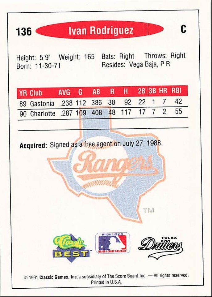 1991 Classic Best Ivan Rodriguez Rookie Tulsa Drillers #136 | eBay