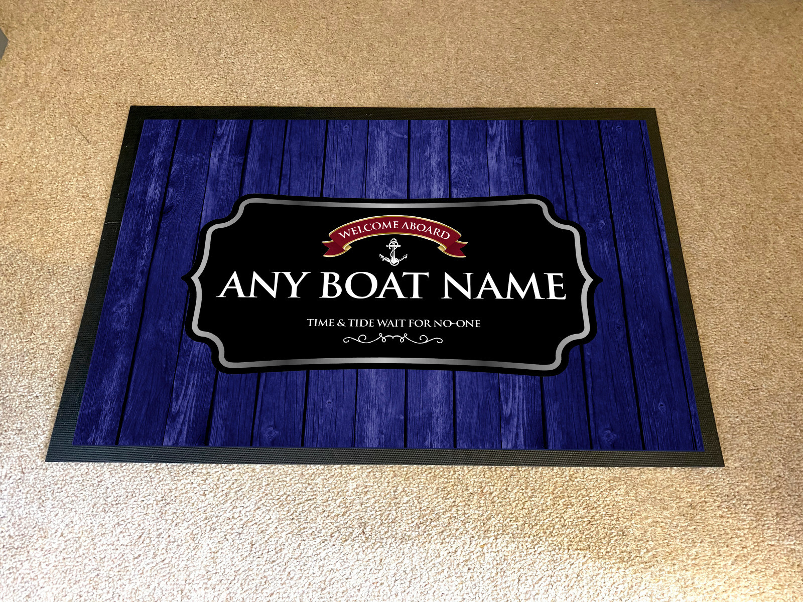 Personalised Boat mat, narrowboat, sailing Yacht Red Ribbon Blue mat 60 ...