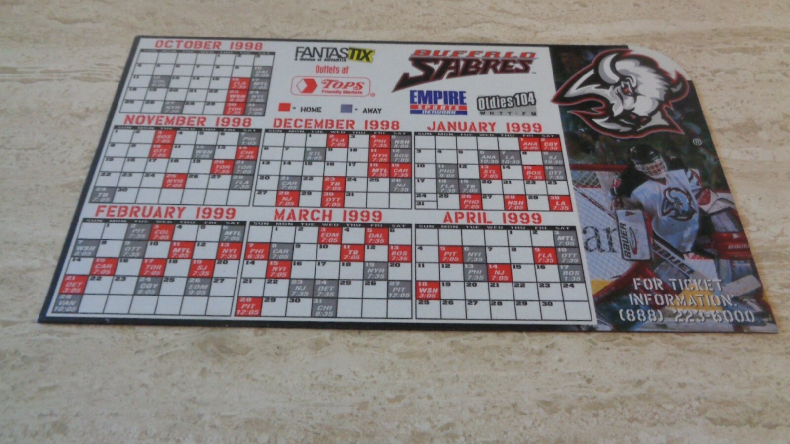 1998-99 Buffalo Sabres Magnetic Schedule - NHL Hockey - Dominic Hasek ...