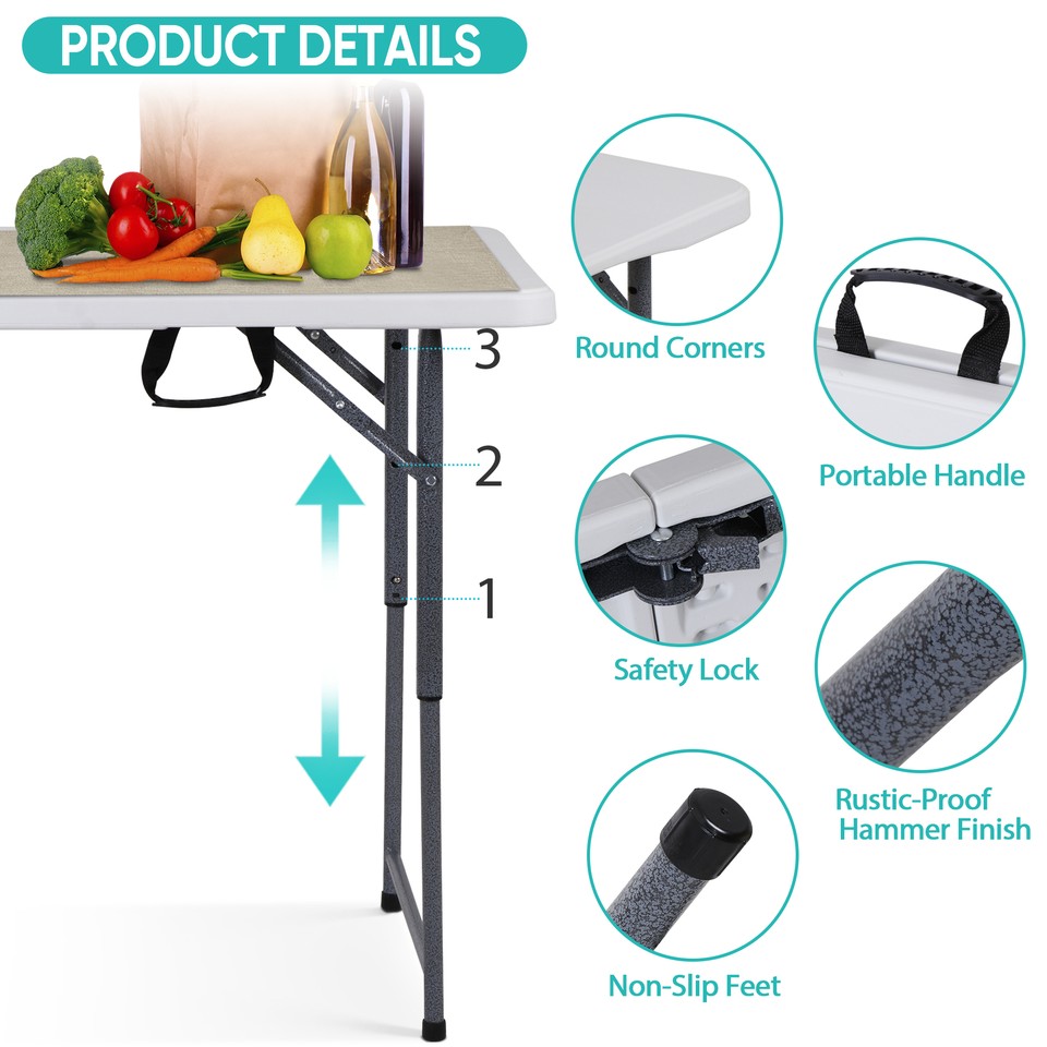 Folding Table Adjustable 4FT Plastic Table Picnic Camping w/Carry ...