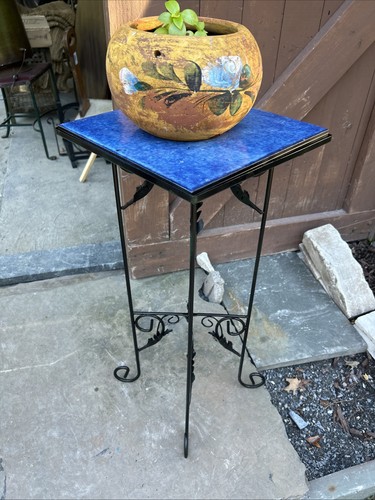 Vtg Mid Century Modern leaf scroll wrought iron plant stand tile top ...