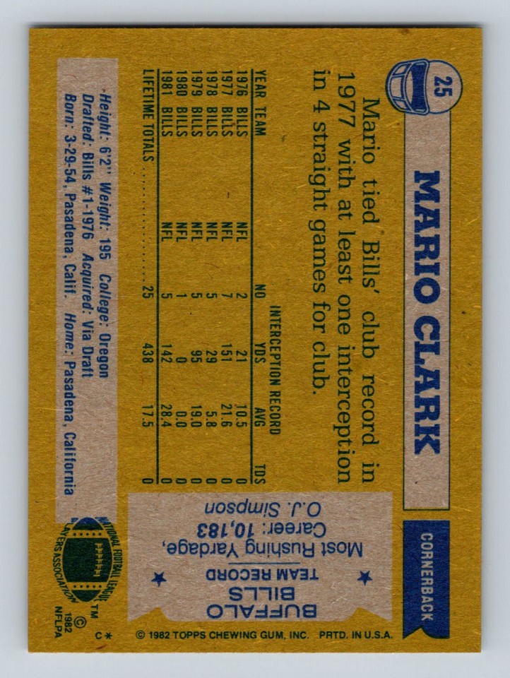 1982 Topps Mario Clark #25 Buffalo Bills | eBay