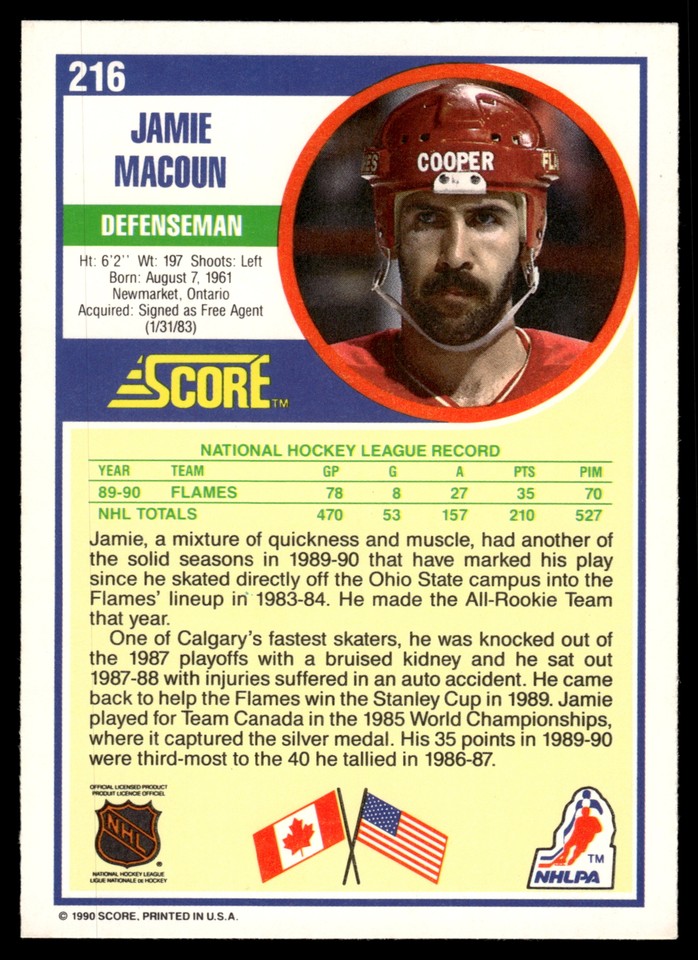 1990 Score American Jamie Macoun #216 Calgary Flames Hockey Card | eBay