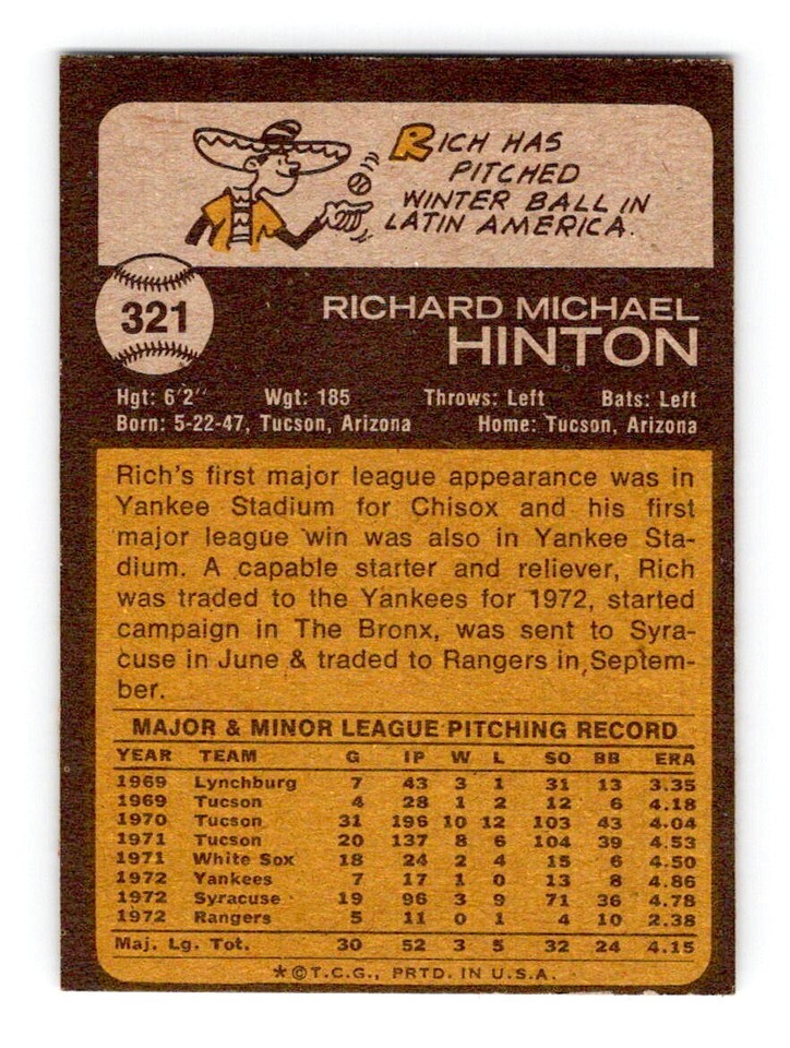 1973 Topps #321 Rich Hinton Texas Rangers | eBay