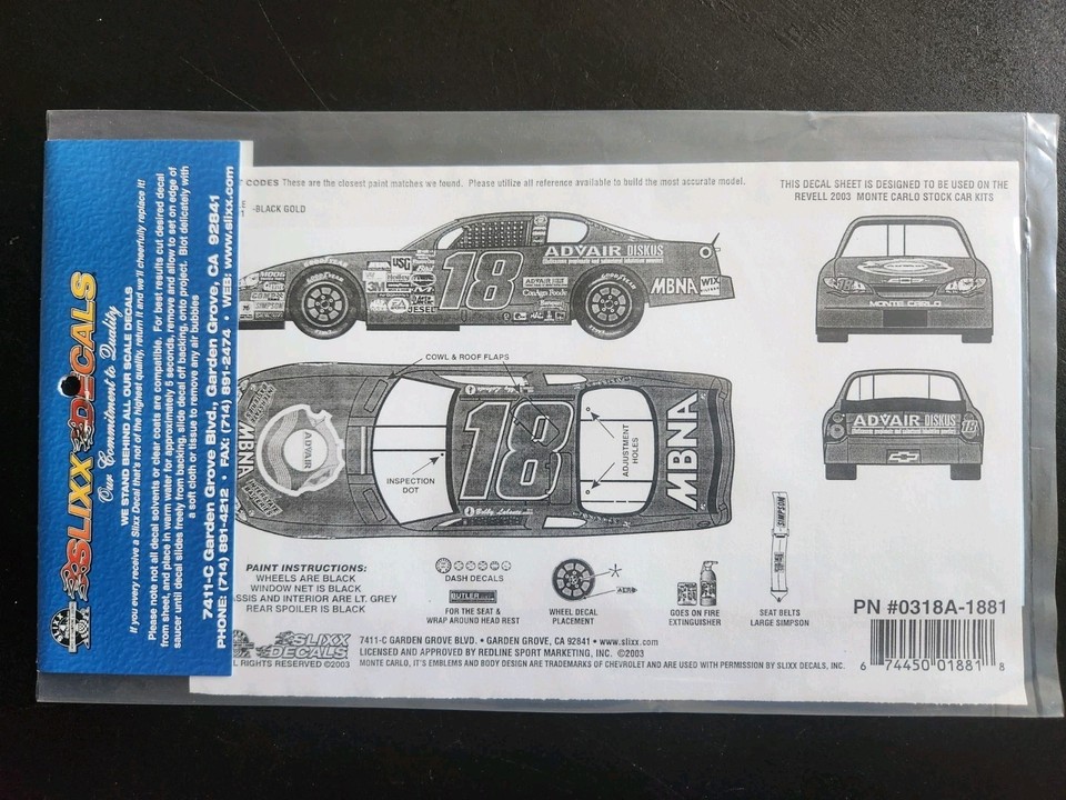 2003 Bobby Labonte #18 MBNA Advair Chevy Car 1:24 Decal Waterslide ...