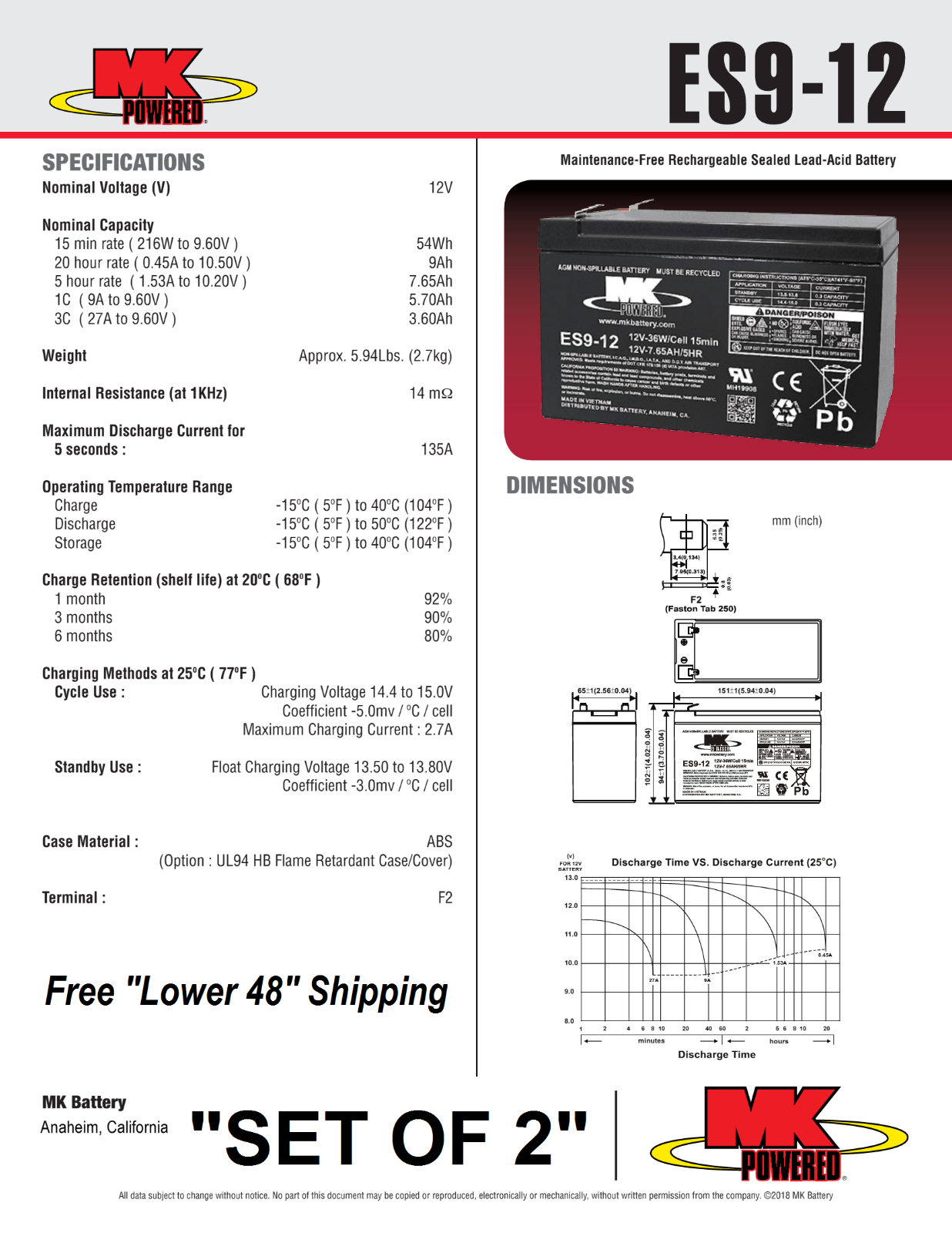 MK AGM Battery - Set of 2 - 12V 9AH - ES9-12 (T2) - Sealed VRLA Battery ...
