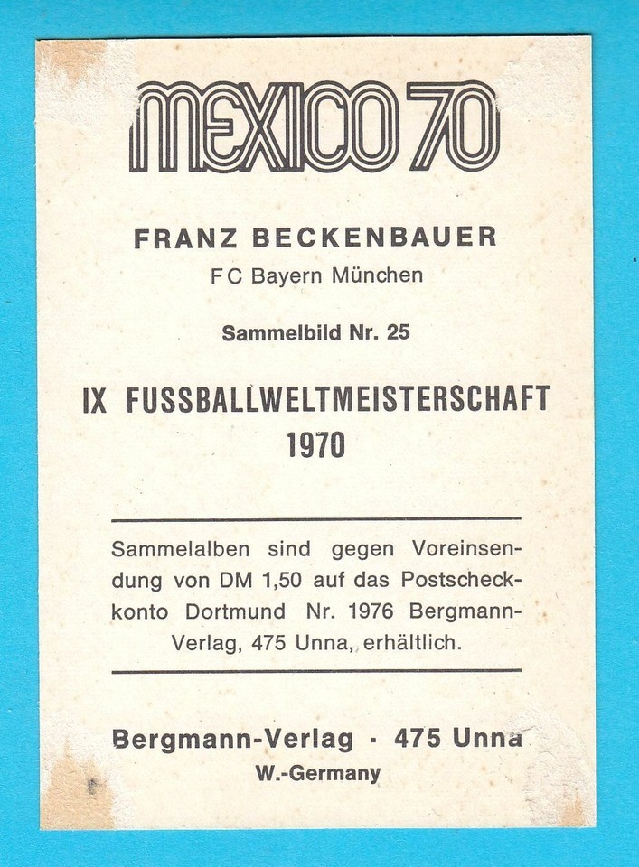 FRANZ BECKENBAUER - FIFA WORLD CUP MEXICO 1970 German football soccer ...
