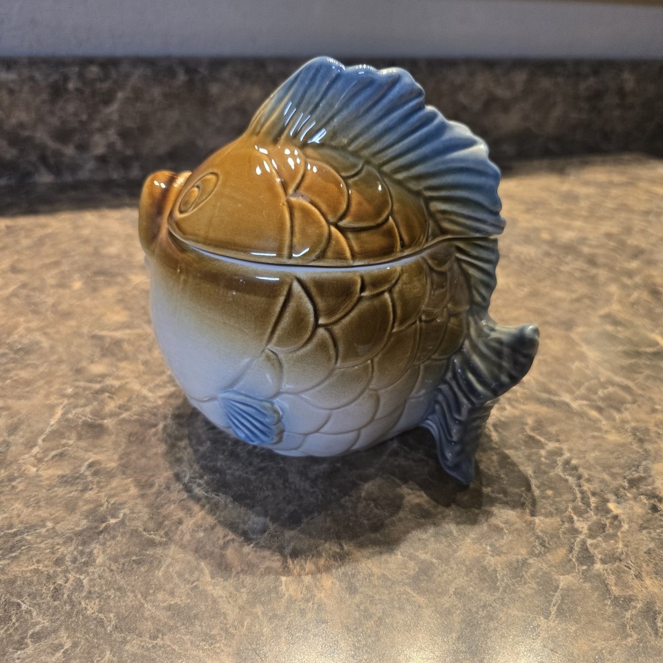 Fat Puffer Fish Candy/Trinket Jar Nautical Marine Blue Green Canister w ...