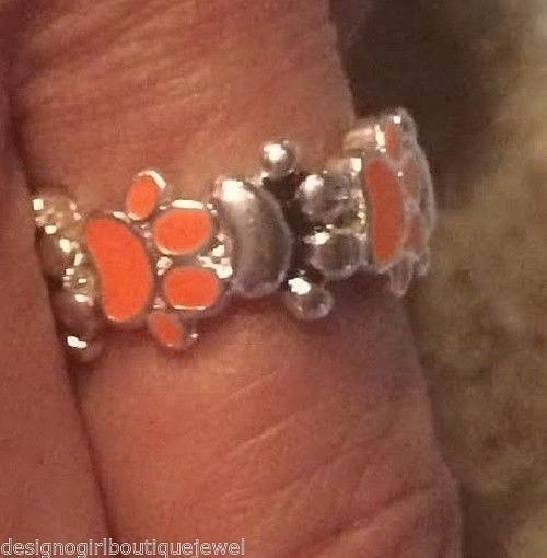 Paw Print Ring Stretch Multi-color Orange Red Yellow Enamel Silver Pet ...