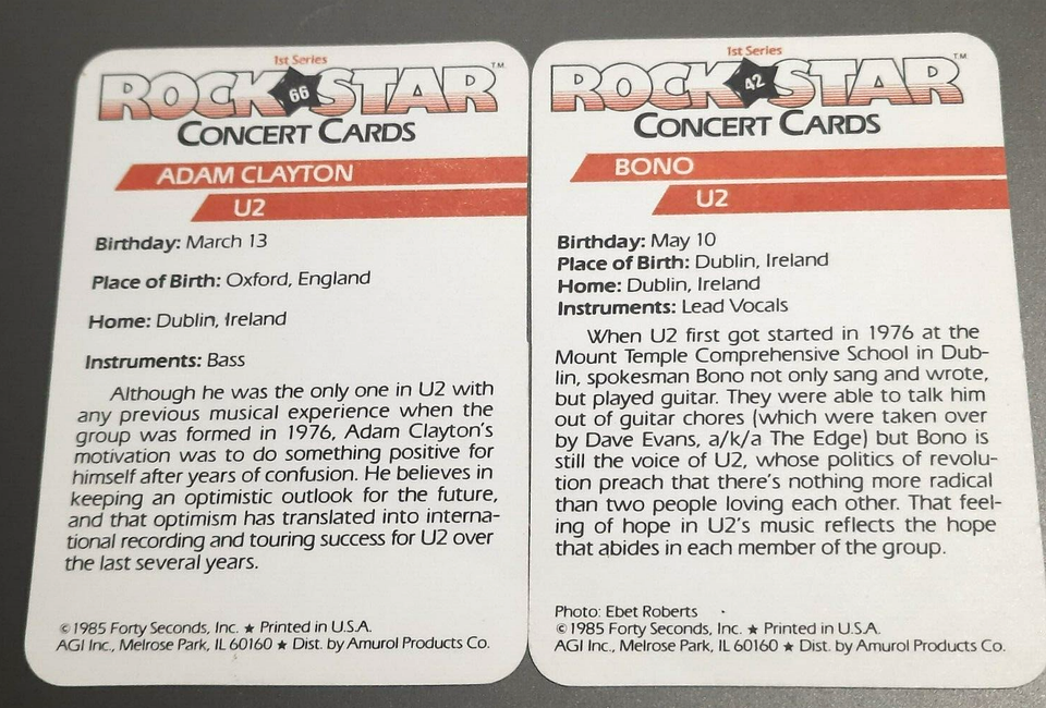 BONO-ADAM CLAYTON-U2-ROOKIE CARD RC-1985 ROCK STAR CONCERT CARDS-AGI ...