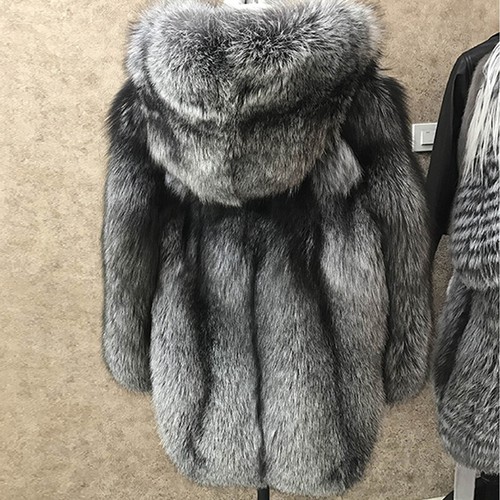 Women Genuine Real Silver Fox Vulpes Fur Coat Hoodie Thick Warm Jacket ...