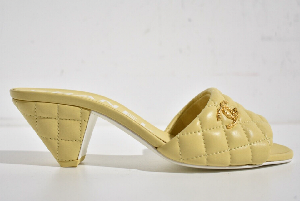 Chanel 22P Yellow Lambskin Quilted CC Gold Logo Cone Heel Mule Slide ...