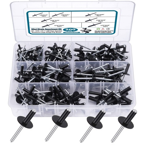 200PCS Black Rivets Pop Rivets Assortment Kit, Large flange Aluminum ...