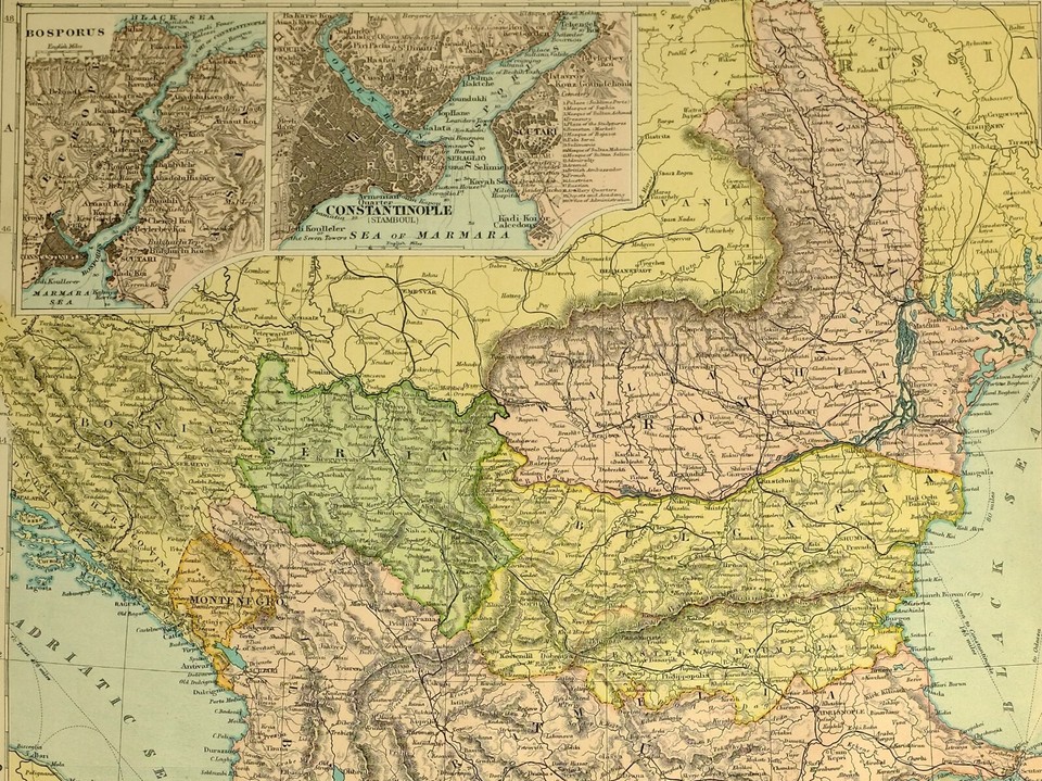 1905 ANTIQUE MAP TURKEY IN EUROPE ROMANIA SERVIA MONTENEGRO CRETE ...