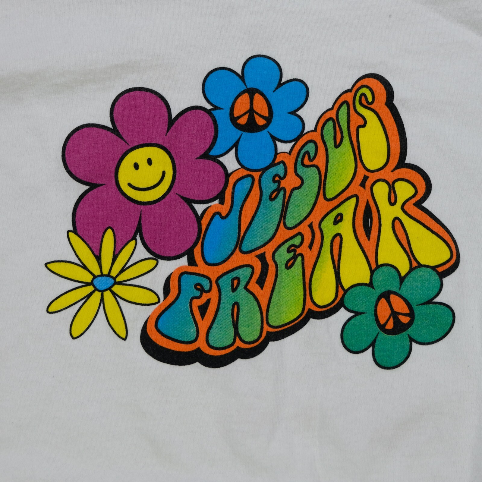 Rare VTG Jesus Freak Smiley Hippie Flowers T Shirt 20… - Gem