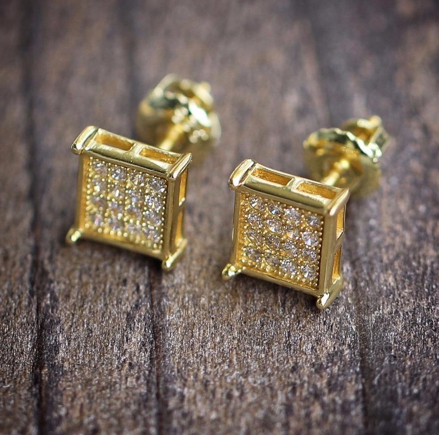 Mens 14k Gold Plated Small Square Sterling Silver Hip Hop Cz Mens 14k Gold Plated Small Square Sterling Silver Hip Hop Cz