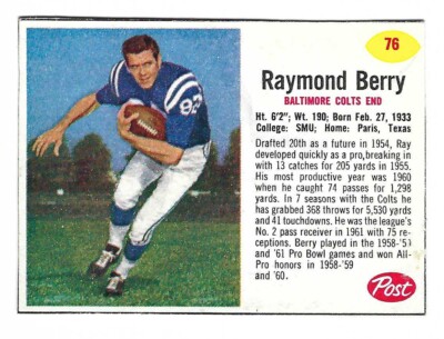 1962 Post Cereal #76 Ryamond Berry (Baltimore Colts) | eBay