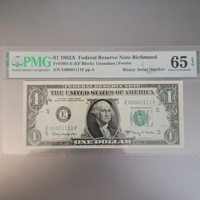 True Binary Quad Doubles Fancy Serial Number 1 Dollar Bill Gem 65 EPQ ...