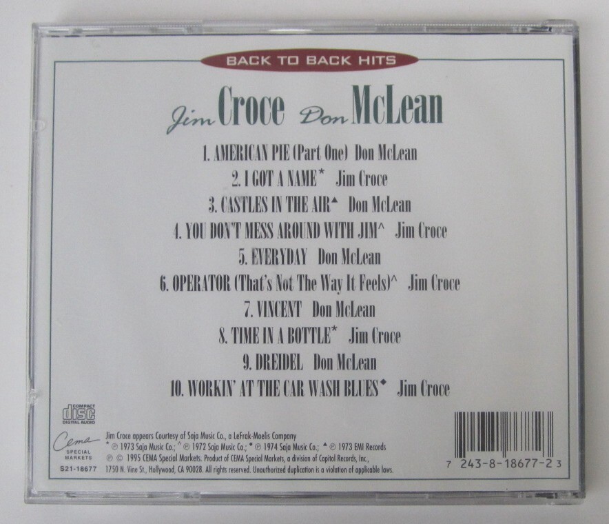 Jim Croce / Don McLean – Back To Back Hits CD USED CEMA Special Markets ...