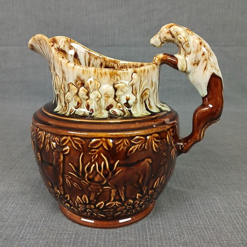 Dog Handle Pitcher Drip Glaze Beautiful Hound Deer Forest Design VTG ...