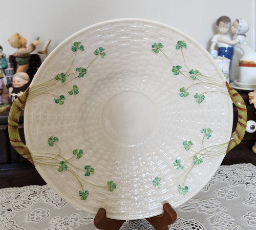 VINTAGE Belleek Shamrock Pattern Basket Weave Open Handled Round Plate ...