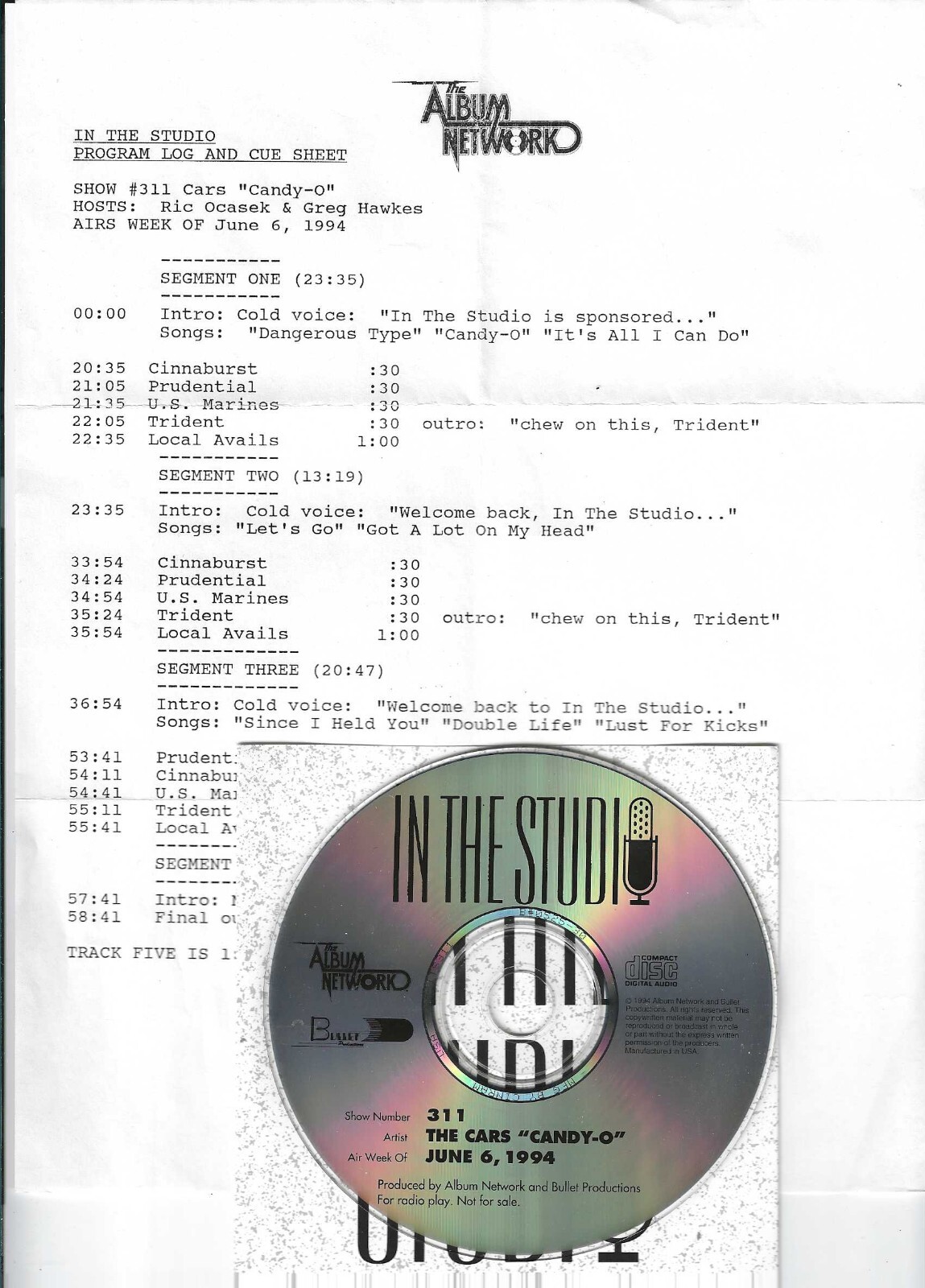 The Cars "Candy-O" In the Studio CD Radio Show Ocasek Interview 1994 | eBay