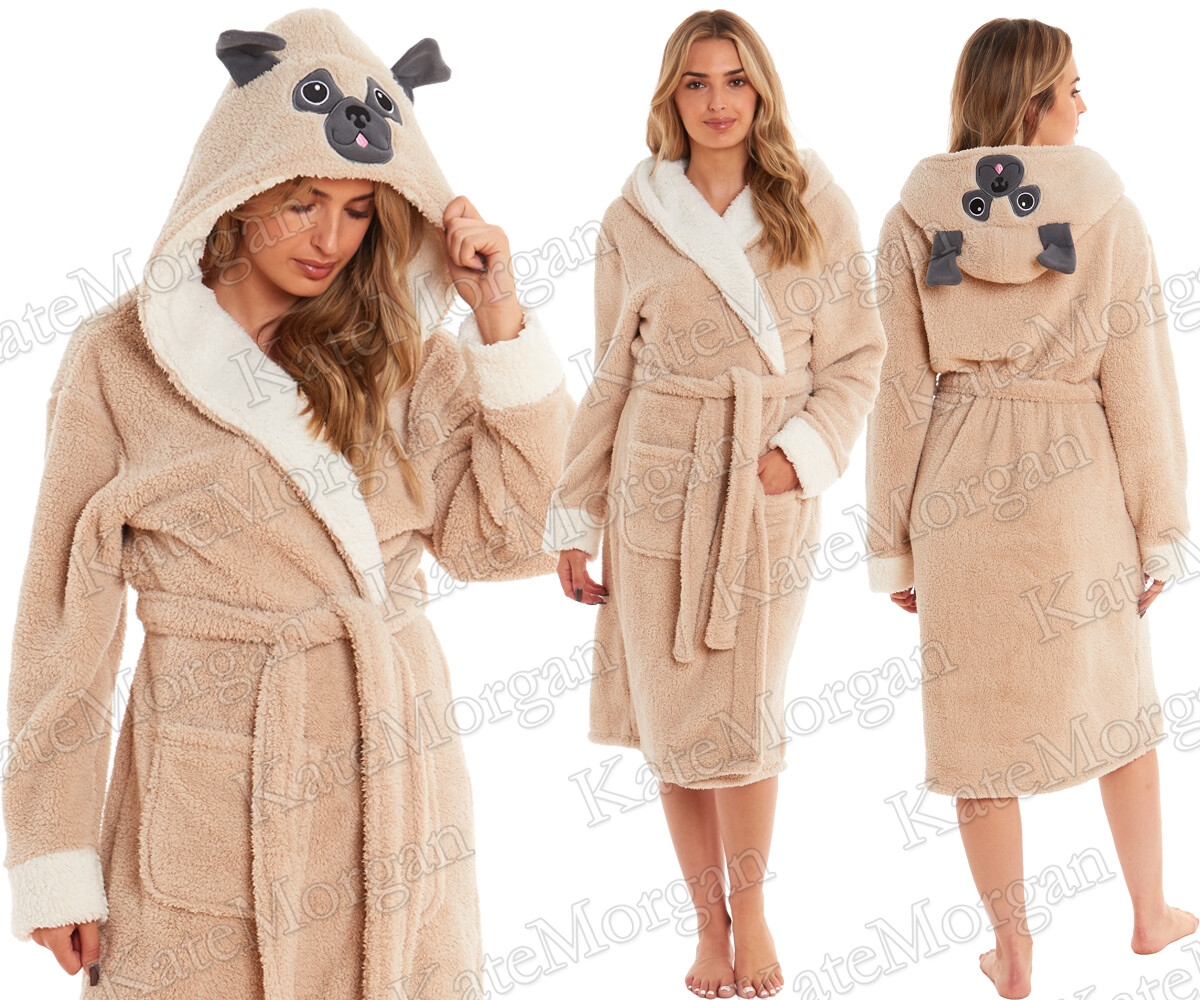 LADIES DRESSING GOWN NEW SHIMMER FLUFFY SOFT AND COSY HOODED ROBE ...