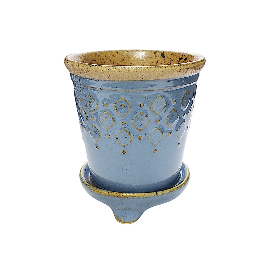 Embossed Design Cup Saucer Shape Mini Ceramic Plant Pot With Attached ...