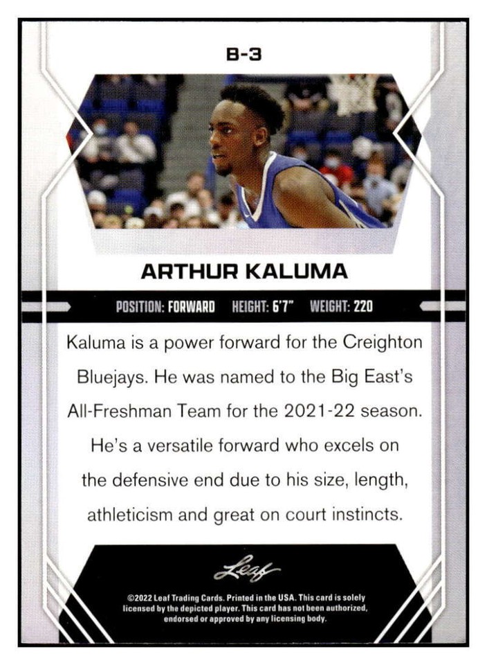 ARTHUR KALUMA RC 2022-23 Leaf Draft Blue #B-3 ROOKIE NBA ID:49743 | eBay