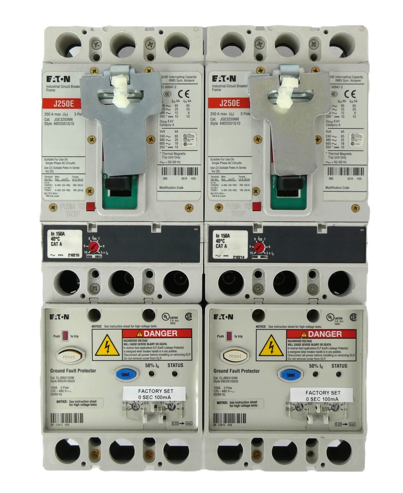 Eaton JGE3250NN Industrial Circuit Breaker J250E 69D2551G10 Lot of 2 ...