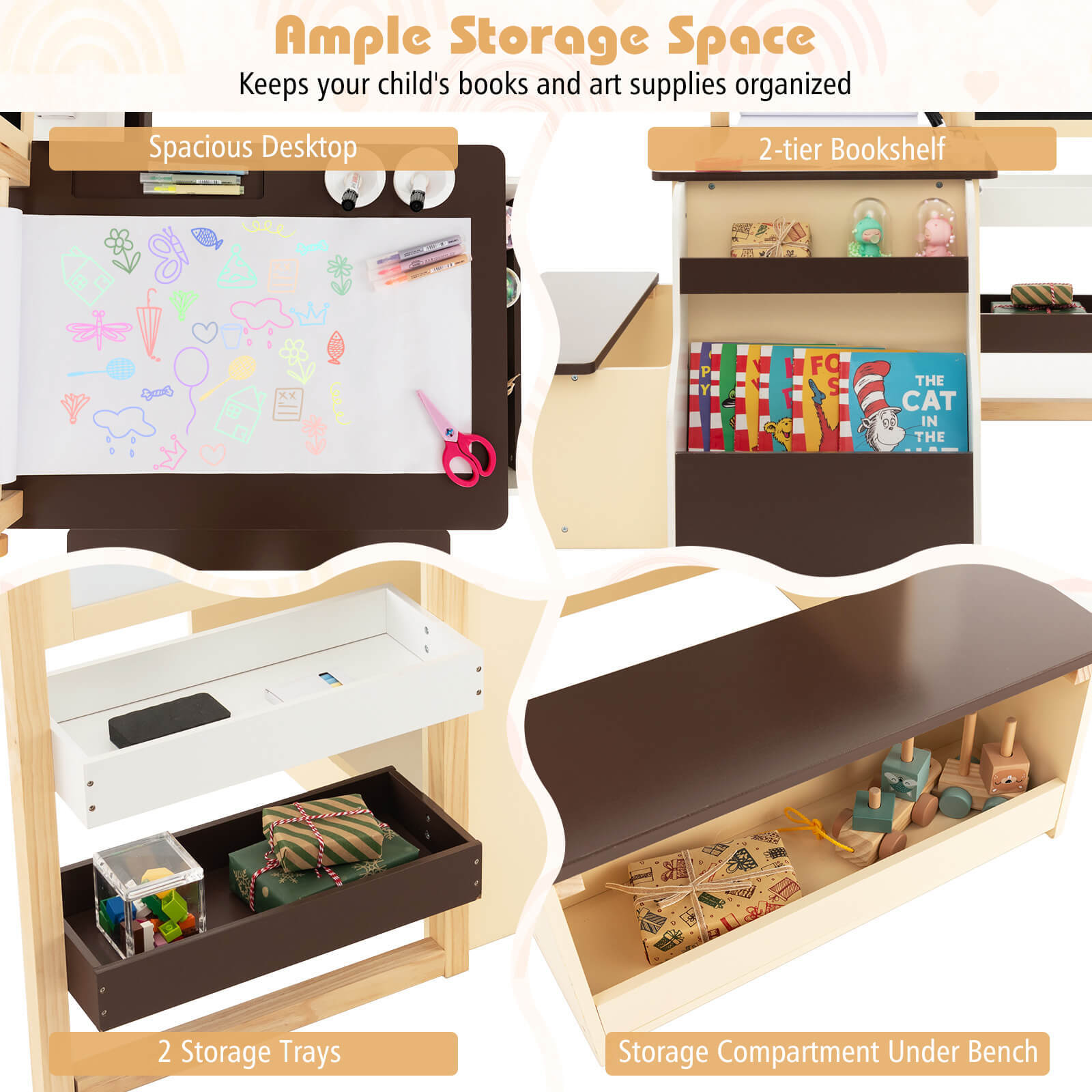 Kids Art Desk Easel & Bench Set w/ Storage Adjustable Double-Sided ...