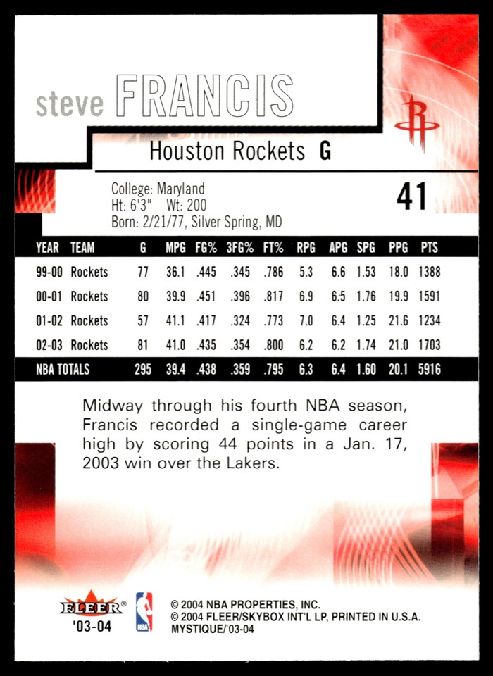 2003-04 Fleer Mystique #41 Steve Francis Houston Rockets | eBay