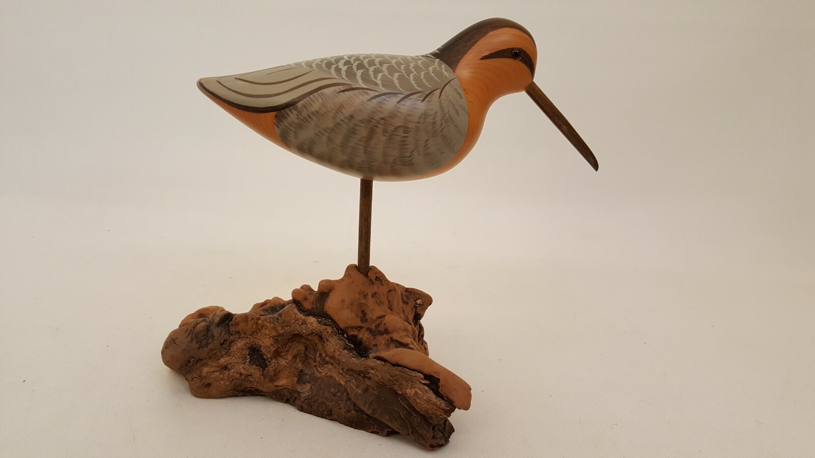 Carved painted willet bird sculpture driftwood base long beak artisan ...