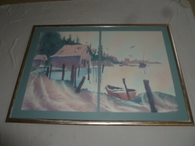 FRAMED SIGNED LIGHTHOUSE DIPTYC PAINTING LITHO MEL STAUFFER INLET I II ...