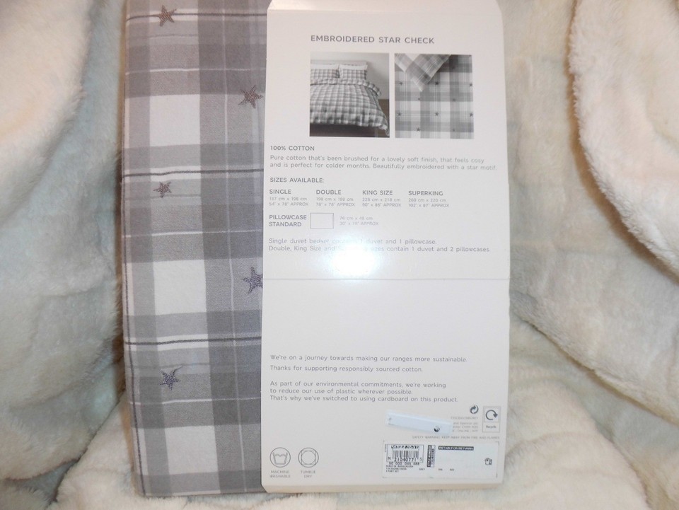 BN DOUBLE DUVET SET 2 pillow cases BRUSHED COTTON M+S GREY AND WHITE ...