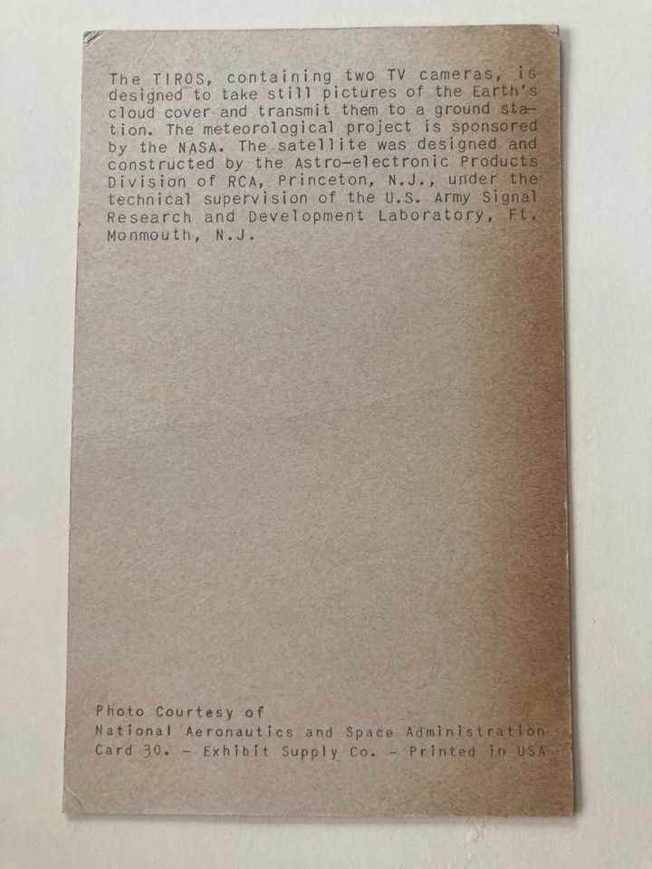 Tiros Satellite NASA FORT MONMOUTH NJ RCA Original Postcard 1960 s COLD ...