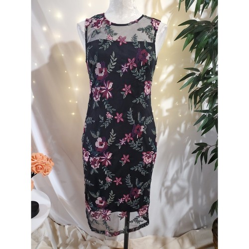 Calvin Klein Embroidered Cross Stitch Floral Sheer Mesh Overlay Dress 6 ...