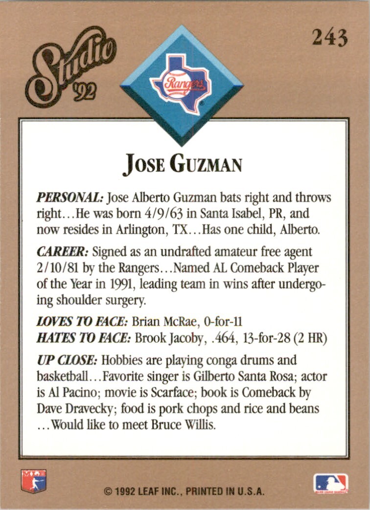 1992 Studio Jose Guzman Texas Rangers #243 Baseball Card | eBay