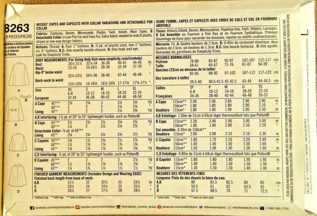 Simplicity Pattern 8263 Capes Capelets Misses Sizes XSM SM Med LG ...