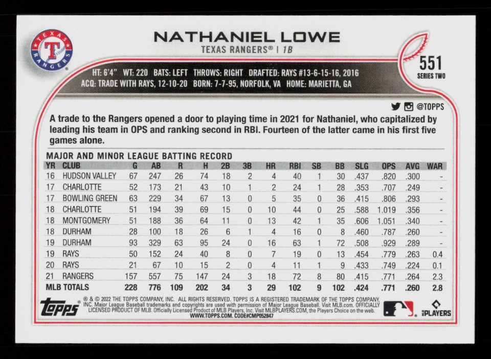 2022 Topps Nathaniel Lowe #551 Texas Rangers Baseball Card | eBay