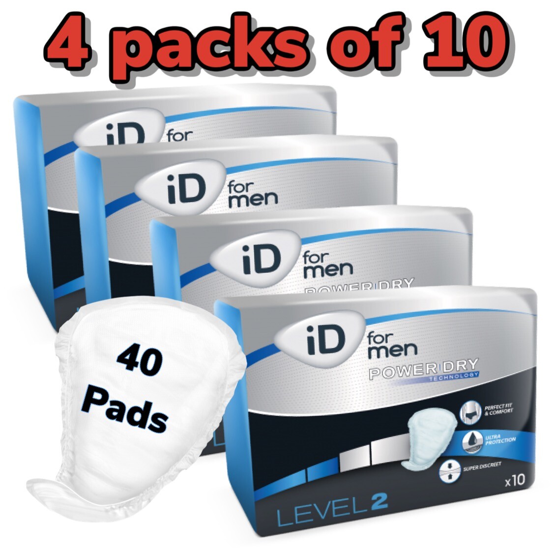 ID Expert Level 2 Pads for Men 4 Packs of 10 Incontinence Protector 40 ...