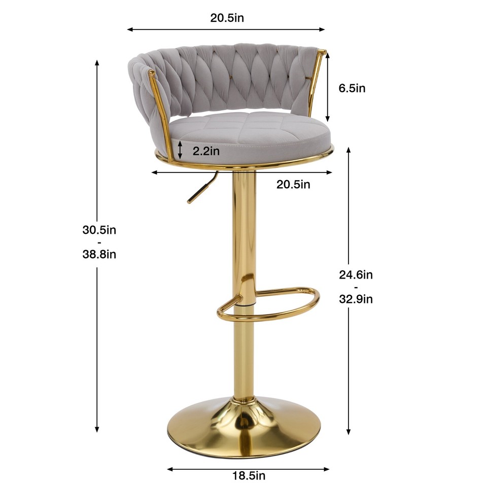 Set of 2 Adjustable Bar Stools Velvet Swivel Chairs Counter Height ...